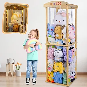 Basumee Stuffed Animals Storage Zoo with LED Light Large Wood Kids Toy Storage Organizer Holder for Stuffed Animals Girls Boys Nursery Room Bedrooms Stuff Animals Organizer