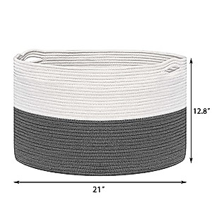 Homfinity Extra Large Cotton Rope Basket, 21"x21"x12.8" Laundry Basket Storage Organizer with Handles, Woven Cotton Storage Basket for Blanket, Toys, Clothes, Towels, Books, White & Grey