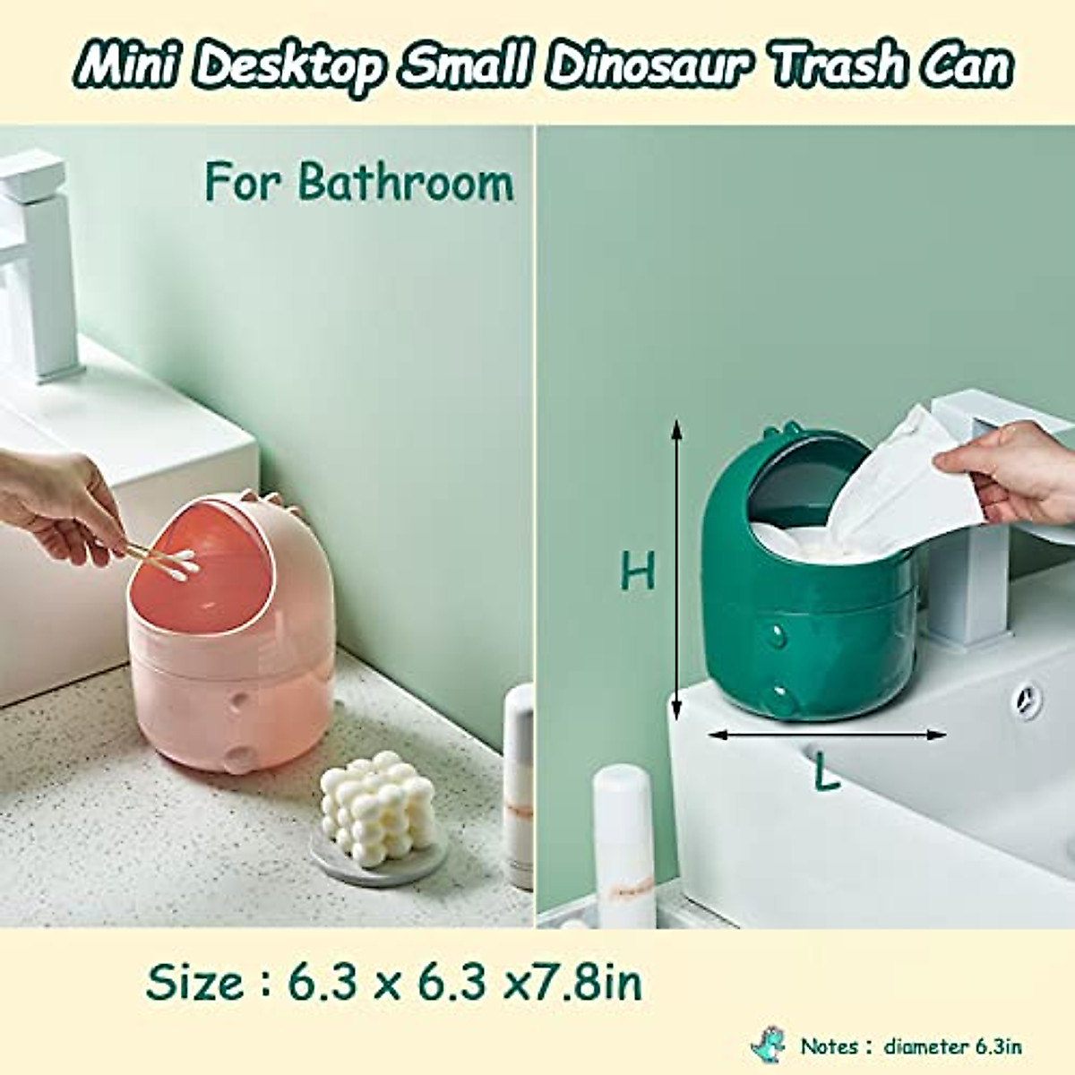 YISTOS 0.73 Gal Mini Desktop Trash Can with Lid, Cute Little Dinosaur Countertop Garbage Bin, Plastic Tiny Tabletop Wastebasket for Office/Kitchen/Coffee Table Room Decoration - Pink