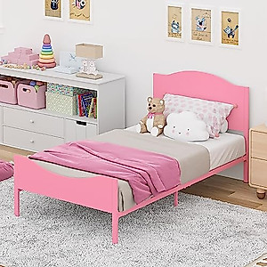 Timy Pink Kids Twin Bed Frame with Wooden Headboard and Footboard, Metal Platform Bed Frame for Boys Girls Teens Adults, Modern Kids Bed Furniture, No Box Spring Needed