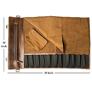 RUSTIC TOWN Leather Knife Roll Storage Bag With Tool Roll Up Pouch Travel-Friendly Chef Knife Case Roll