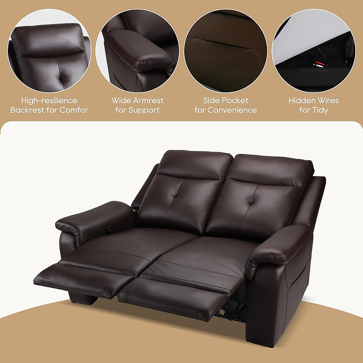 VUYUYU 2 Seater Recliner Sofa - Double Reclining Loveseat with Massage & Heating - PU Leather Home Theater Seating Manual Recliner Motion Living Room Chair (Brown)