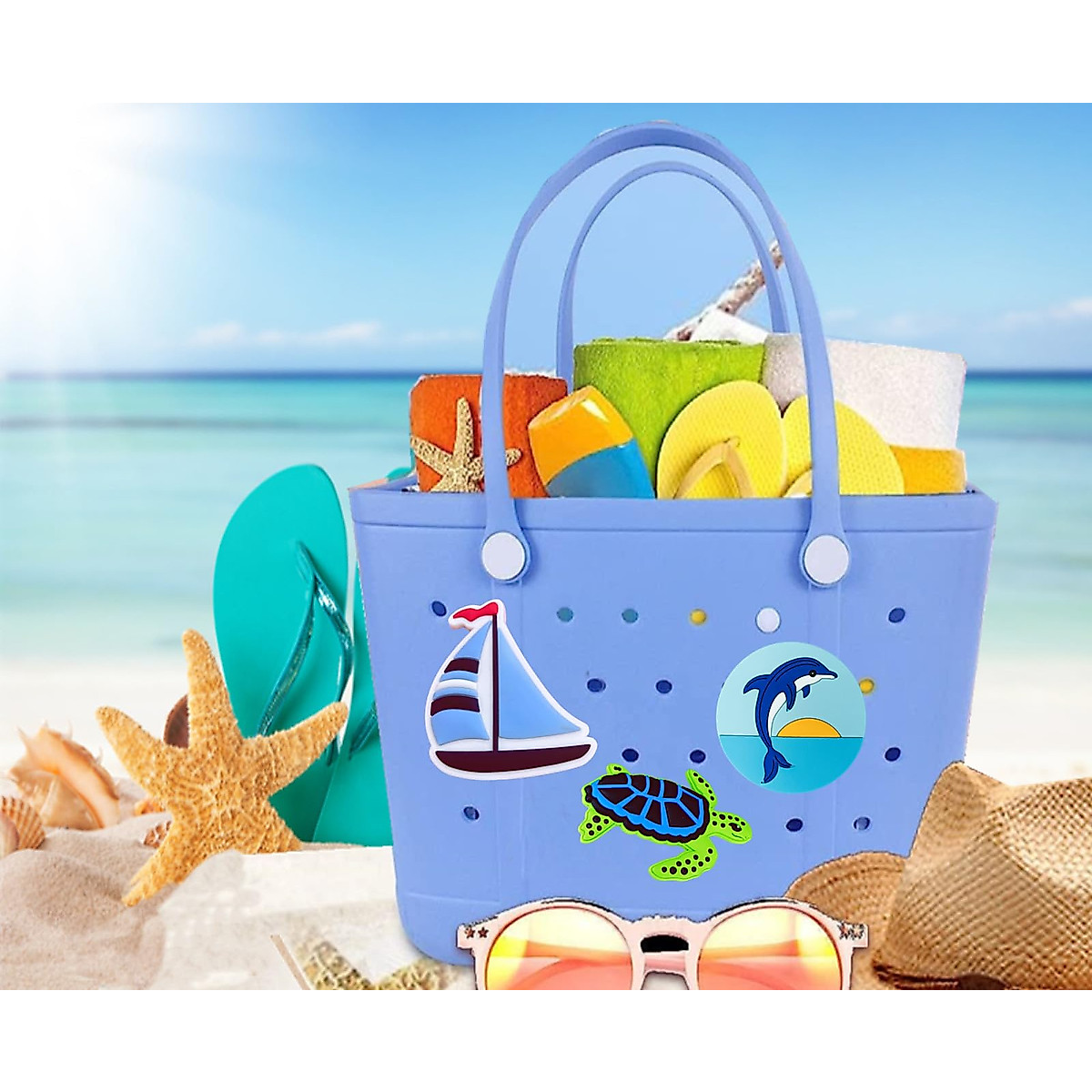 Lovyit Charm Accessories for Bogg Bag - Rubber Beach Bag Accessories Charm Insert, 3pcs Flowers Dolphin Beach Totes Charm Decoration Insert for Simply Southern Beach Totes Bag (3pcs, Dophlin+Sail)