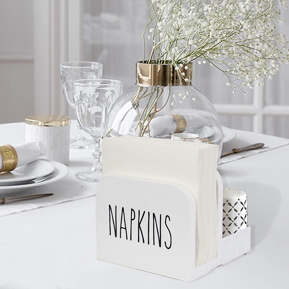 Karisky Rustic Napkin Holder with Salt and Pepper Shakers Holder, Boho 2-in-1 Solid Real Wood and Metal Napkin Caddy with Non-Slip Base for Tables, Kitchen Countertop, White