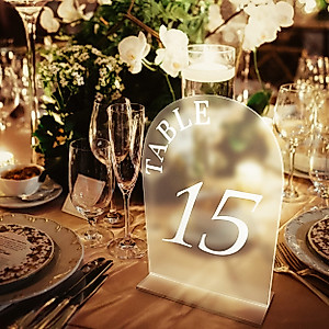 Table Numbers 1-20 with Display Stand, Acrylic Sheets with White Printed Calligraphy Number and Frosted, Arch Shape Design for Party Decor, Wedding Reception, Anniversary, & Other Event Guest Seating