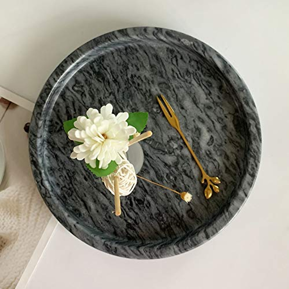 StonePlus Natural Real Marble Vanity Bathroom Tray/Neat Organizer for Cups, Shampoo Perfume Jewelry (Black Gray, 9.84Dx1.18H)