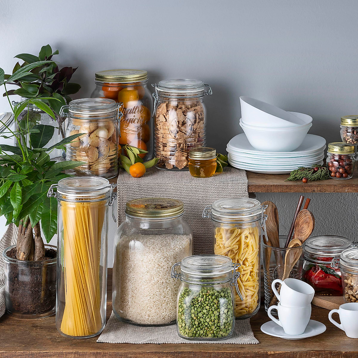 Bormioli Rocco Fido Cylinder Glass Jar with Airtight Gasket Clamp Lid for Canning and Preserving, or Storing Pasta and Dry Foods, 25.25 oz., Set of 6