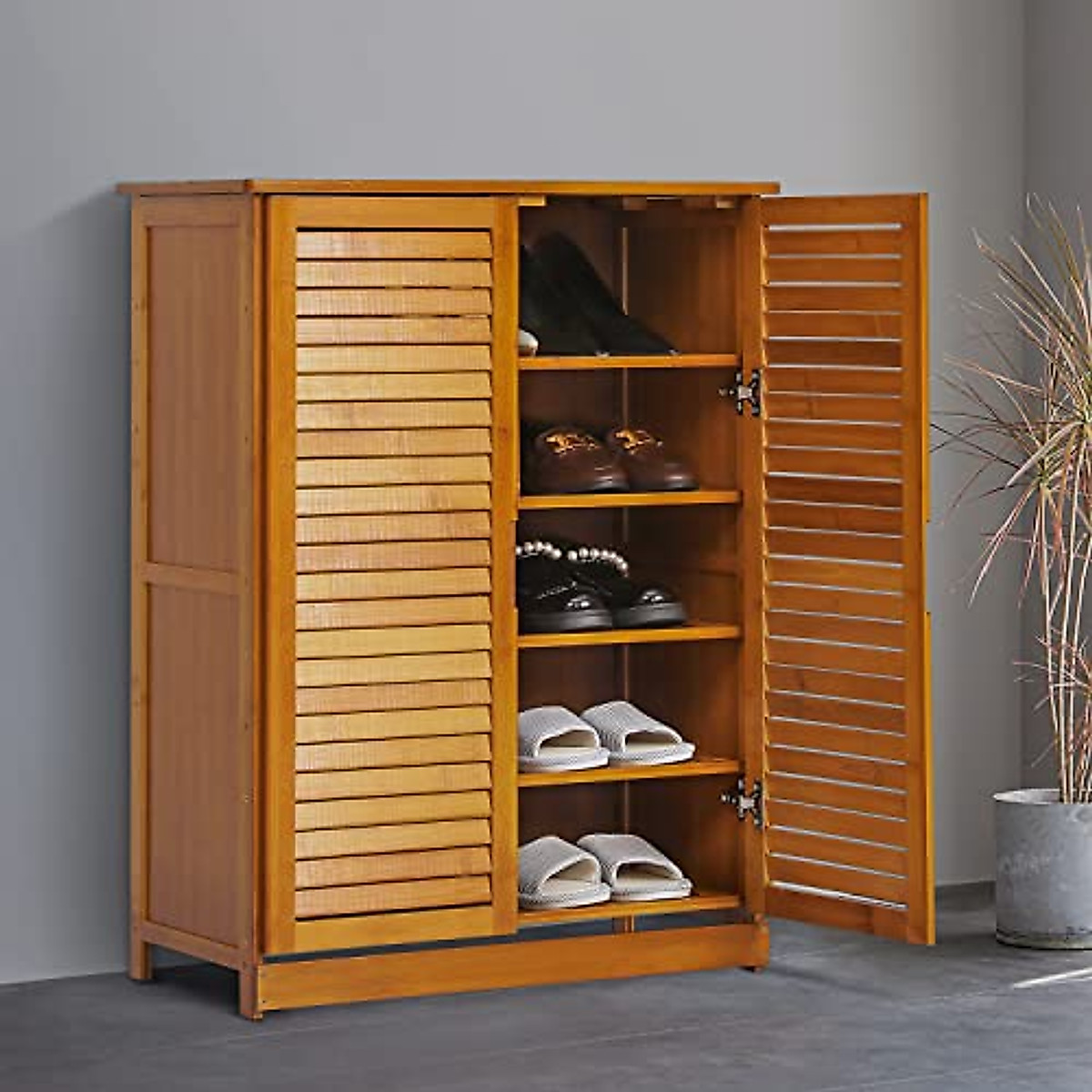 MoNiBloom 5 Tier Shoe Storage Cabinet with Shutter Doors, Bamboo Shoe Floor Storage Organizer Rack for 11-15 Pairs Entryway Hallway Mudroom, Brown