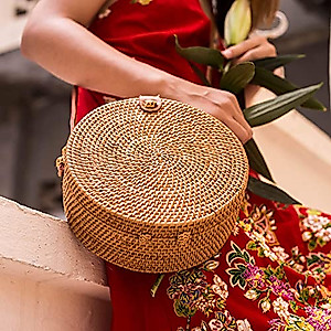Natural NEO Handwoven Round Rattan Bag Shoulder Leather Straps Natural Chic Hand