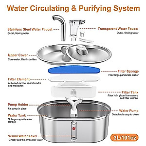 Cat Water Fountain and Food Bowl, 101oz/3L Automatic Stainless Steel Pet Water Fountain for Cats Inside, Ultra Quiet Cat Fountain Water Bowl, Pet Dog Water Dispenser with Water Level Window