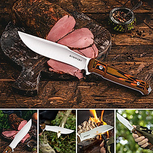 KOMWERO Fixed Blade Knife, Full Tang Hunting Knives with Sharp 4.33" D2 Steel Blade, Glass Breaker, G10 Handle, Leather Sheath for Survival Camping Outdoor