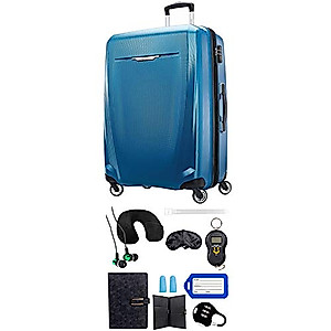 Samsonite Winfield 3 DLX Spinner 78/28 Checked Luggage, Blue (120754-1112) with Deco Gear 10 Piece Luggage Accessory Ultimate Travel Bundle