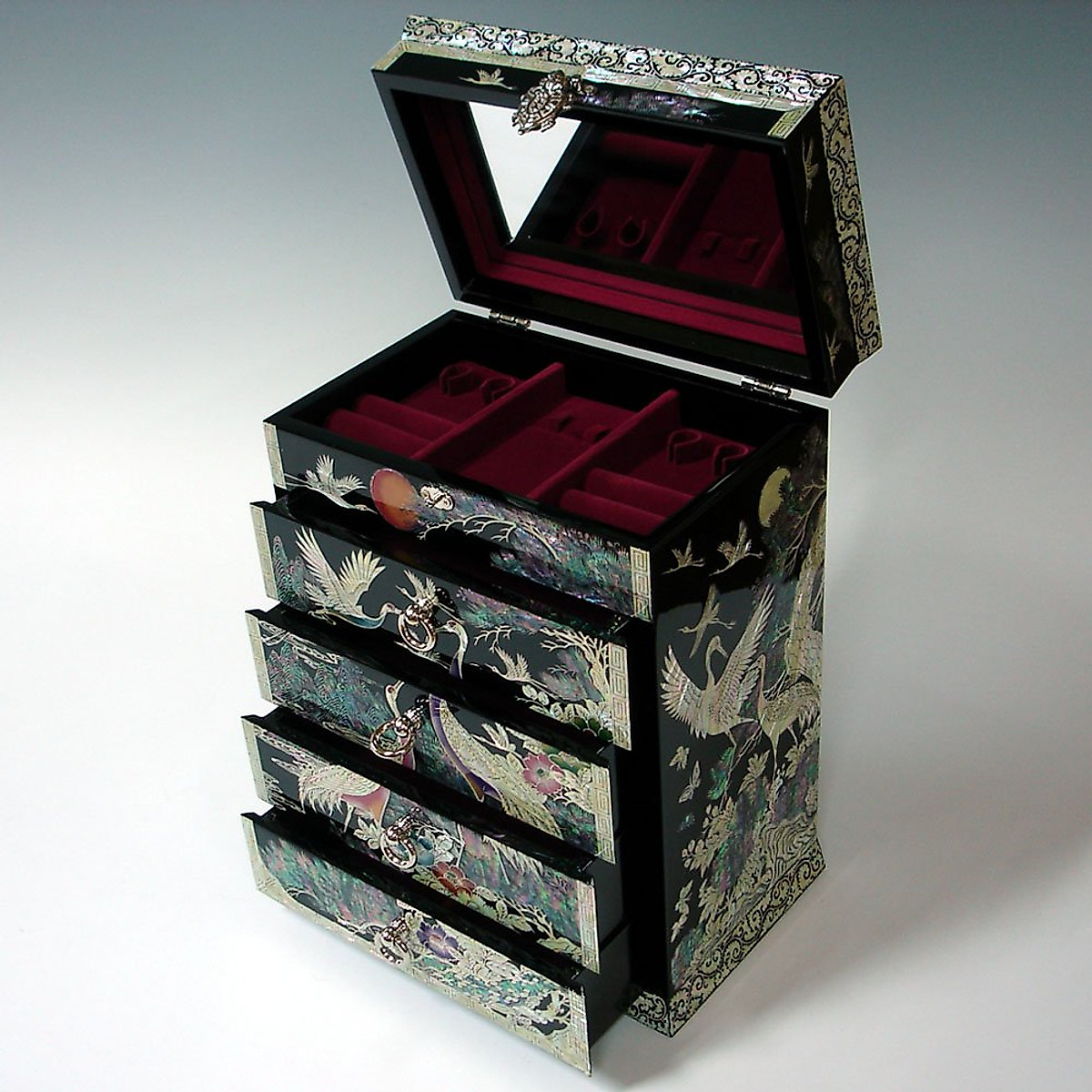 Antique Alive Mother of Pearl Inlay Design Jewelry Box, Wood Jewelry Box, Trinket Case, Keepsake Treasure Chest Box Organizer Holder (Pine Black)