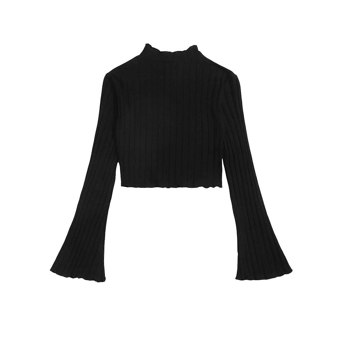 SweatyRocks Women's Long Flounce Sleeve Crop Top Stand Collar Ribbed Knit T-Shirt Black M