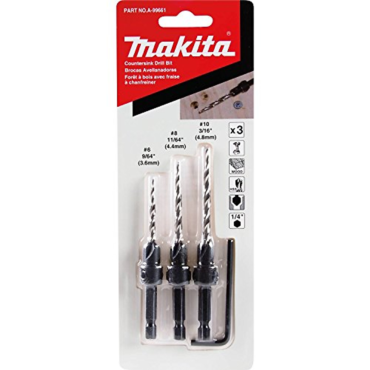 Makita A-99661 3 Pc. Countersink with Drill Bit Set with Hex Wrench