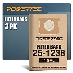 POWERTEC Shop Vacuum Bags 3PK for Stanley 25-1238/ Porter Cable PCX18301-4B, SL18301-3B 4 Gallon Vacuum Bags, Replacement Filter Bags for Stanley & Porter Cable Shop Vacuum Accessories (75051)