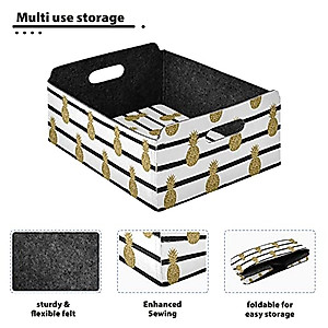 CaTaKu Foldable Storage Basket Gold Glitter Pineapple Collapsible Felt Storage Bins with Handle Drawer Organizer Bin Cube Shelf Box for Organizing Closet Clothes Office Books Bedroom