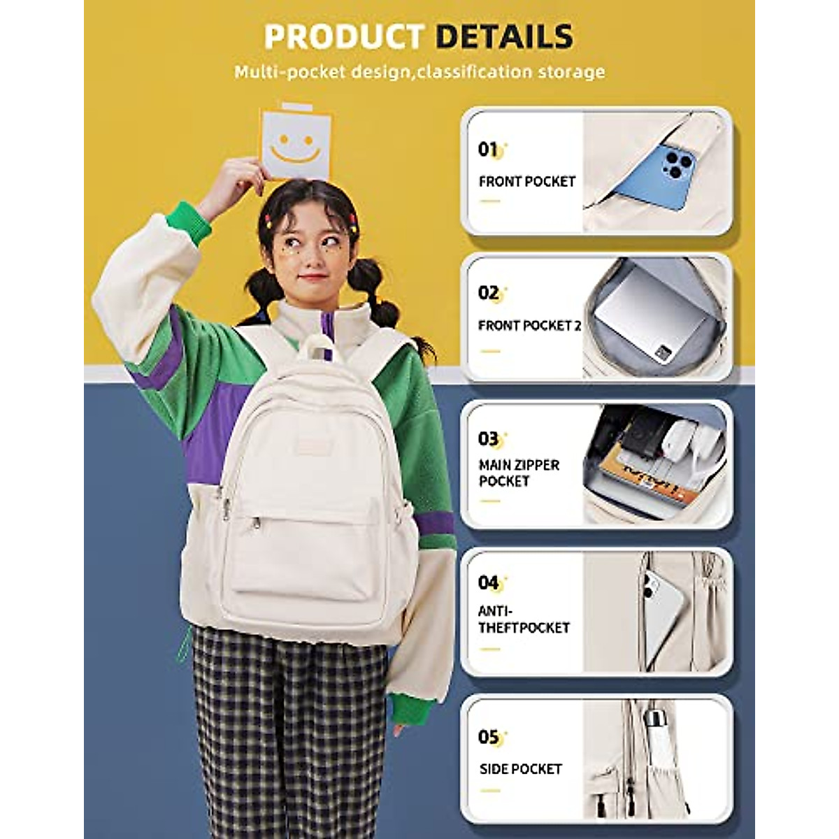 Lightweight School Backpack for Women Men, Laptop Travel Casual Daypack College Secondary School Bags Bookbag for Teenage Girls Boys, Beige