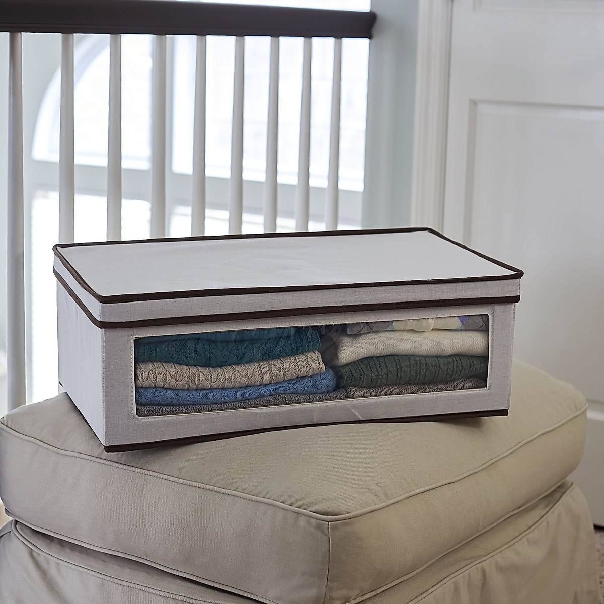 Household Essentials 514 Vision Storage Box - Natural Canvas with Brown Trim - Large