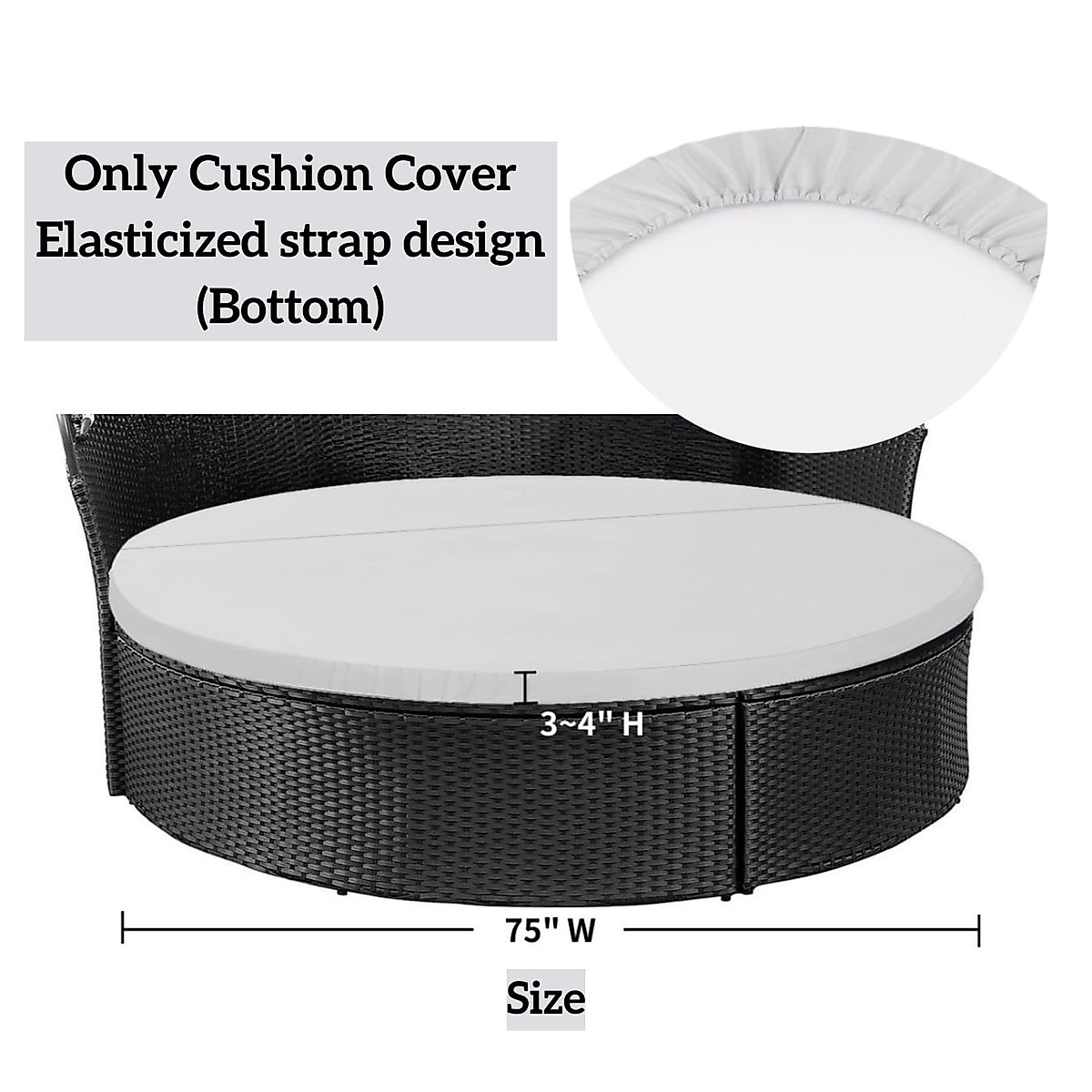 FSJITF Outdoor Weatherproof Sunproof Waterproof 75in Round Bed Cover,with Elastic Round Sofa Sun Bed Cushion Cover, Replacement Patio Furniture daybed Bed Cushion Cover,Covers ONLY (Gray)