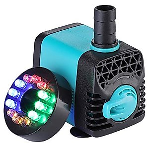 KEDSUM 130GPH Submersible Pump (600L/H,10W), Ultra Quiet Water Pump with 12 LED Colorful Lights, Fountain Pump with 3ft High Lift, 2 Nozzles for Fish Tank, Pond, Aquarium, Statuary, Hydroponics
