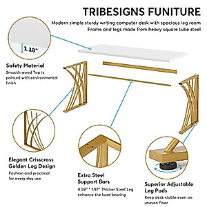 LITTLE TREE 55’’ Large Modern Computer Desk, White & Gold Luxury Laptop PC Student Table, Makeup Vanity Table with Thick Frame & Strong Legs, Sturdy Writing Workstation for Home & Office