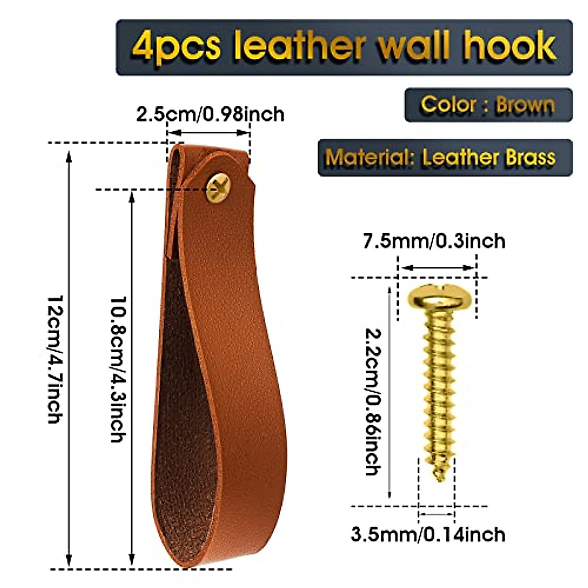 Abeillo 4 Pcs Medium Leather Wall Hooks, Artificial Leather Straps Hanger Wall Mounted Towel Hook Hanging Strap Holder for Bathroom Kitchen Bedroom Nordic Boho Decor (Brown)