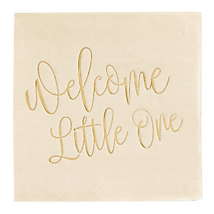 BLUE PANDA 50 Pack Pink Baby Shower Napkins - “Welcome Little One”Light Tan Napkins with Gold Foil for Baby Shower Decorations (5x5 In) - Baby Shower Napkins for Girl - Napkins for Baby Shower