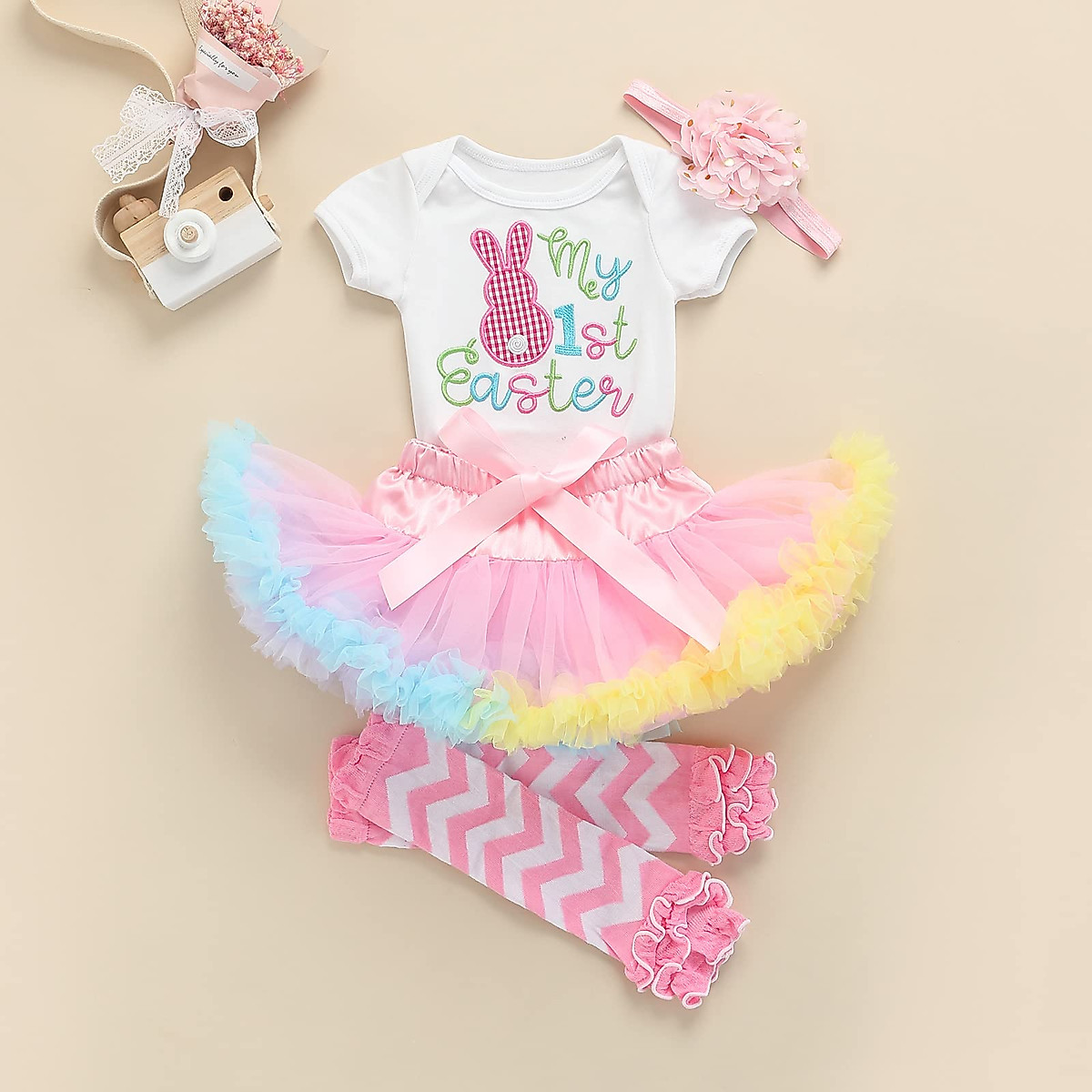 Huppeiiy Baby Girl My First Easter Skirt Set Little Sweety Bunny Flare Lace Romper Skirt+Leg Warmers+Cute Headband (Pink,0-3 Months)