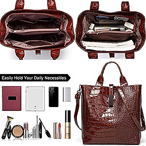 ZiMing Women Handbags and Purses Set Glossy Crocodile Pattern Leather Tote Bags Cross-body Bag Satchel Handbag Wallet Wristlets Bag 3 Pcs -Brown
