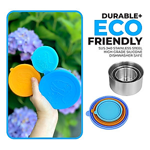 Dinosaur Stainless Steel Snack Containers for Kids Toddlers, Lunch Box Cups for Boys, Reusable Metal Holder Cup with No-Spill Silicone Lids, Food Storage for Daycare School Travel Snacks 3 pack Blue