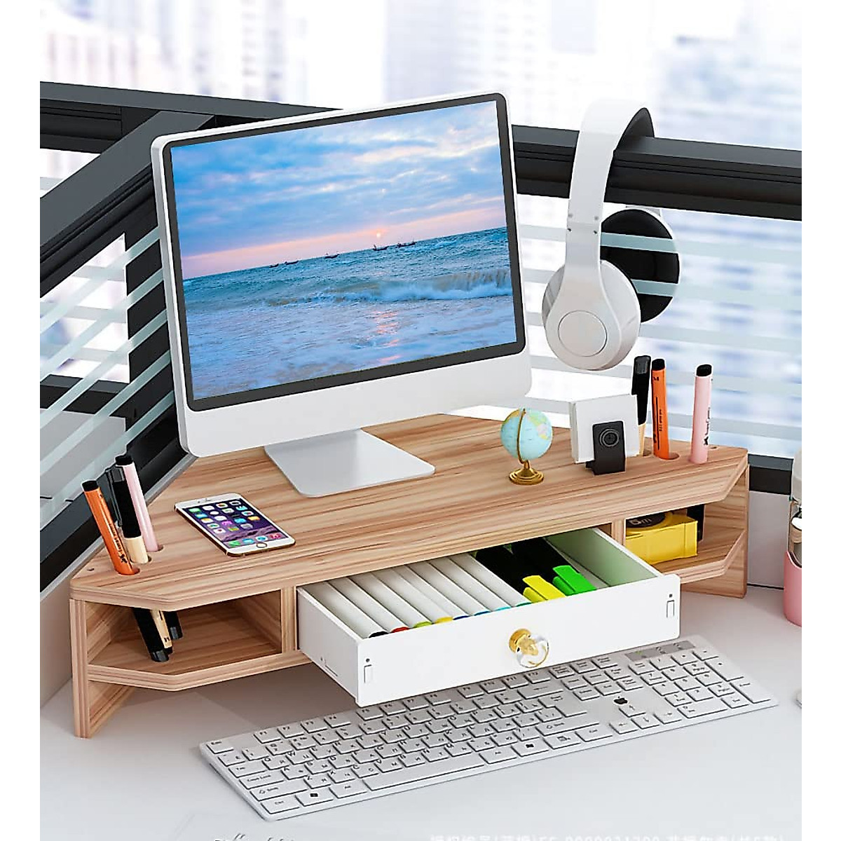 KUAIYU Triangle Monitor Riser,Cut Triangular Computer Monitor Desktop Corner Stand,Desktop Corner Shelf With Drawers Wooden Computer Stand With Storage Laptop Risers Office Organization.