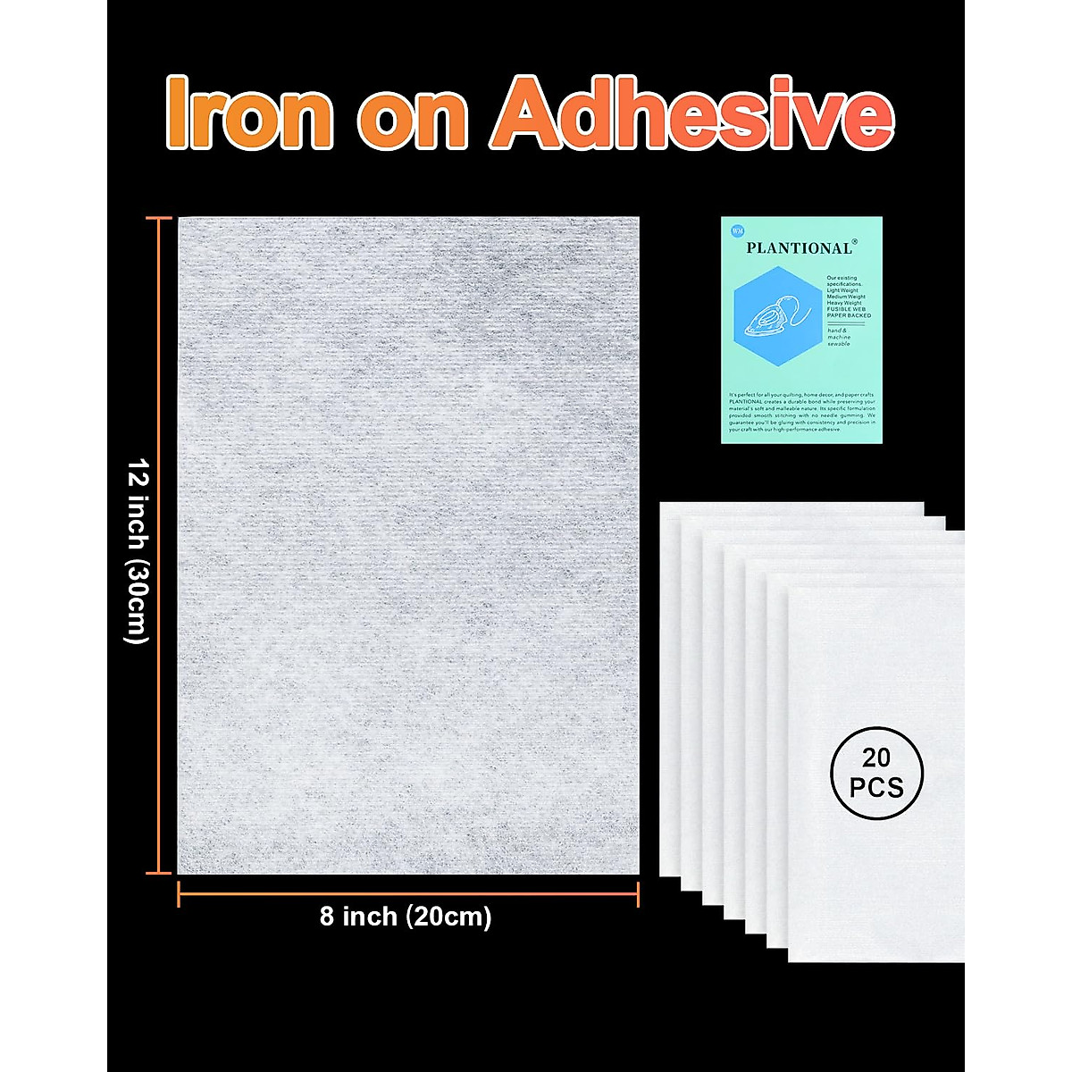 PLANTIONAL Light Weight Fusible Bonding Web: 20 Sheets (8" x 12") Fusible Webbing for Fabric Applique DIY Crafts Supplies