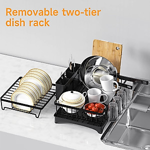 ACALANTHA Dish Drying Rack with Drainboard, Large Dish Racks for Kitchen Counter, 2 Tier Dish Holder with Silverware Drying Rack.(Black)
