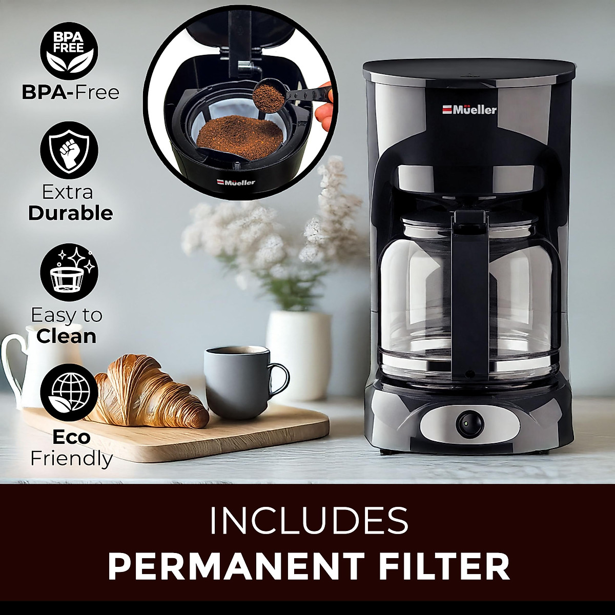 Mueller 12-Cup Drip Coffee Maker, Auto Keep Warm Function, Smart Anti-Drip System, with Permanent Filter and Borosilicate Glass Carafe, Clear Water Level Window Coffee Machine