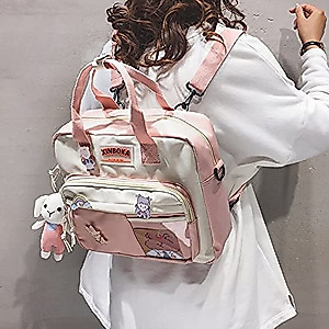 Kawaii Canvas School Backpack with Pendant, Laptop Shoulders Bag, Back to School Off to College Supplies (Pink)