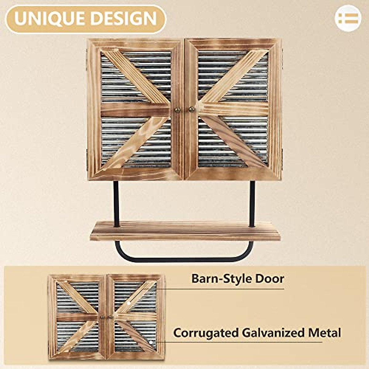 Butizone Barndoor Bathroom Wall Cabinet, 17x21'' Small Wall Mount Medicine Storage Cabinet, Rustic Bathroom Wall Cabinet Over Toilet with Shelve and Towel Bar