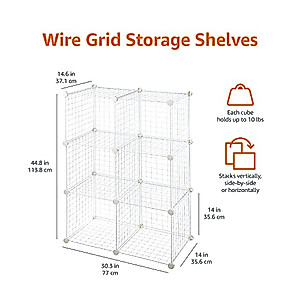 Amazon Basics 6 Cube Wire Grid Storage Shelves, Stackable Cubes, White, 14.6" D x 30.3" W x 44.8" H