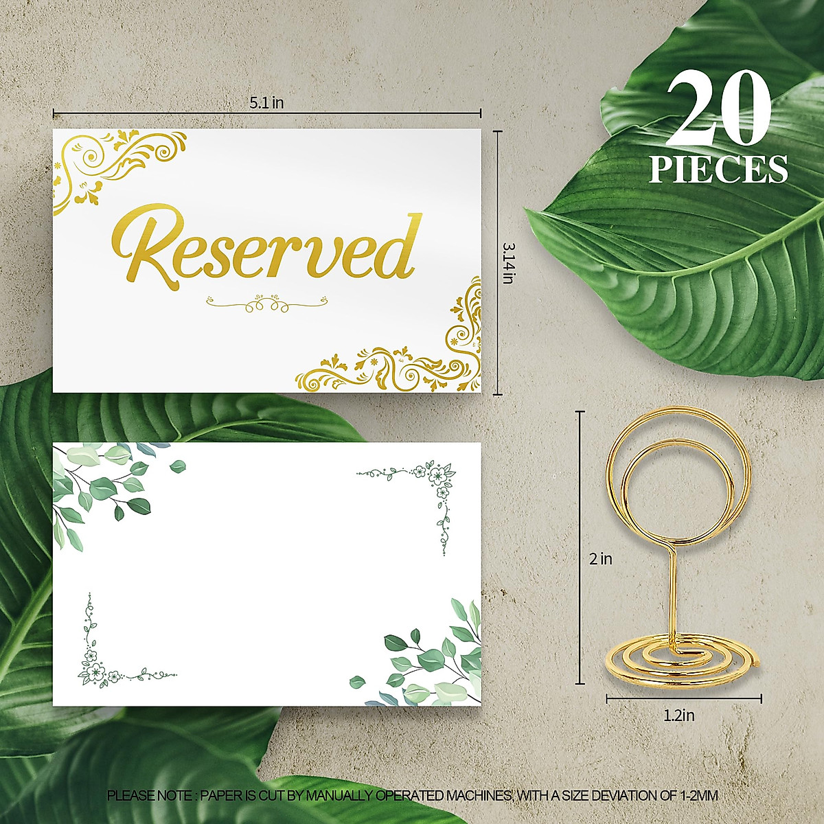 KAnduo 20 Pieces Double sided gold foil reserved card with bracket- Includes Free Green Leaf Blank Cards - Reserved Signs for Wedding, Chair and Table Signs, Reserved Seating Signs, White