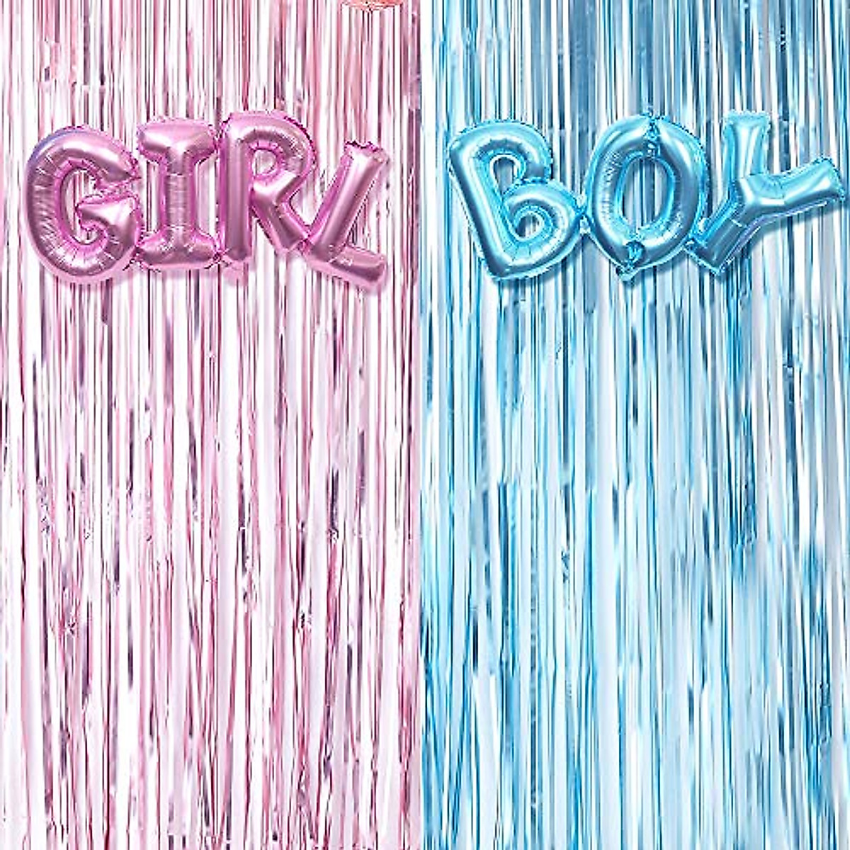 Gender Reveal Decoration Set - Metallic Fringe Curtains + BOY Girl Foil Balloons Gender Reveals Party Photo Backdrop (Pink/Blue)