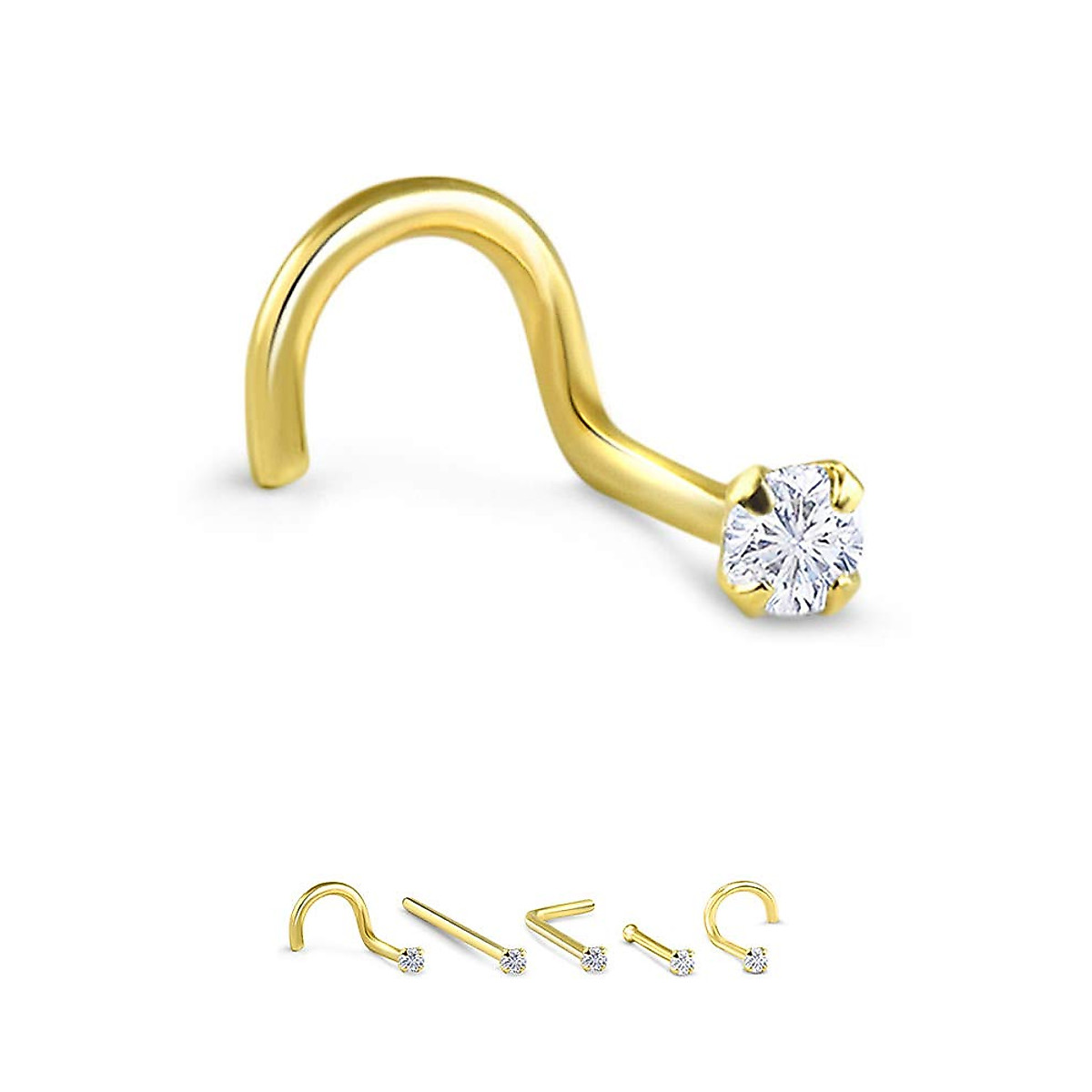 14k Yellow Gold L Bend Nose Stud Ring 2.5mm Clear Round CZ 20G