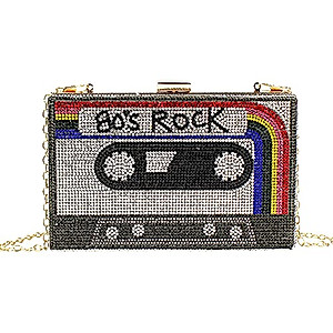 ZLM BAG US Retro Cassette Evening Clutch Purse Crystal Inlaid Bling Crossbody Shoulder Bag for Graduation Wedding Party