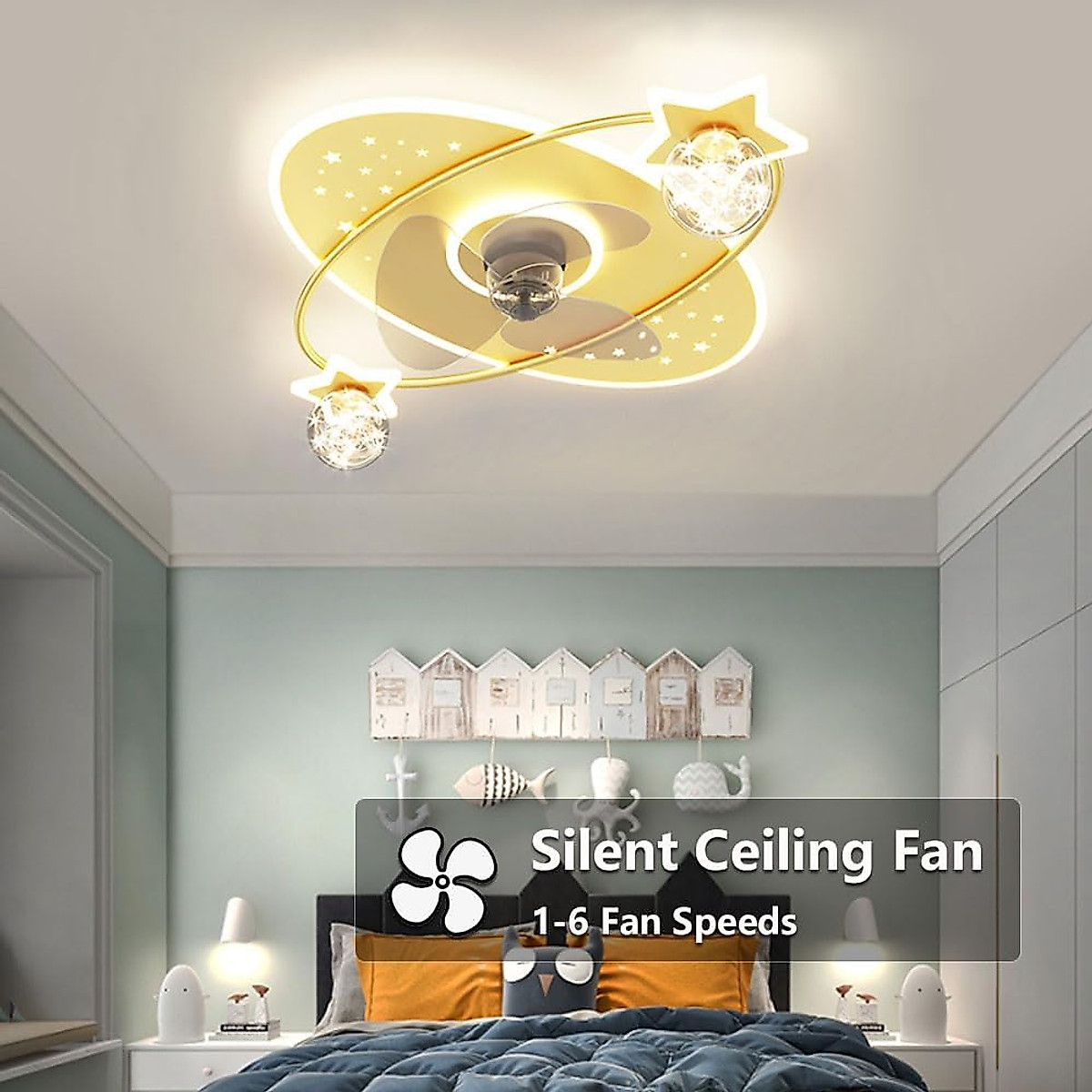 IBalody Dimmable Ceiling Fan Light 50W LED Ceiling Lights Fan Lighting Yellow Ceiling Fan with Lights Remote 6 Speeds Mute Ceiling Fans for Study Room Bedroom Fan Ceiling with Light