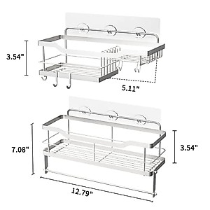 Carwiner Shower Shelf Basket Caddy 2-Pack with 6 Hooks & Tower Hanger & Soap Dish Holder, SUS304 Stainless Steel Bathroom Caddy Organizer Rack Adhesive Shampoo Holder Wall Mounted No Drilling (Silver)
