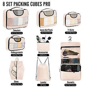 Veken 8 Set Packing Cubes for Travel, Gifts for Women Mom, Suitcase Organizer Bags for Luggage with Hanging Toiletry Bag and Shoe Bag, Vacation Essentials Travel Accessories for Cruise Ship