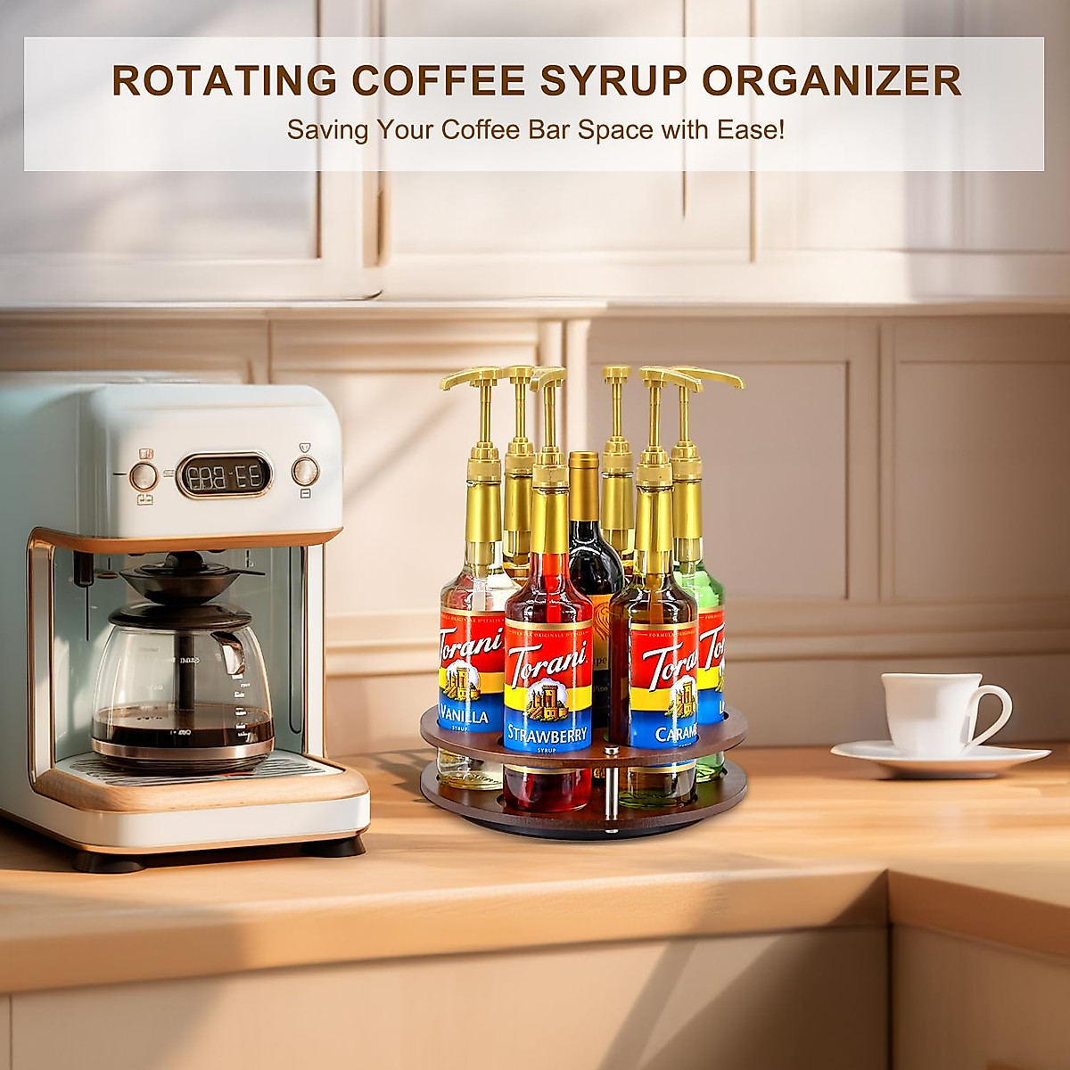SHILFID Rotating Coffee Syrup Organizer Rack,Syrup Bottle Stand Holder for Coffee Syrup Station,7 Bottles Storage Display Turntable Tray&Lazy Susan for Syrup,Liquor Wine in Kitchen Countertop