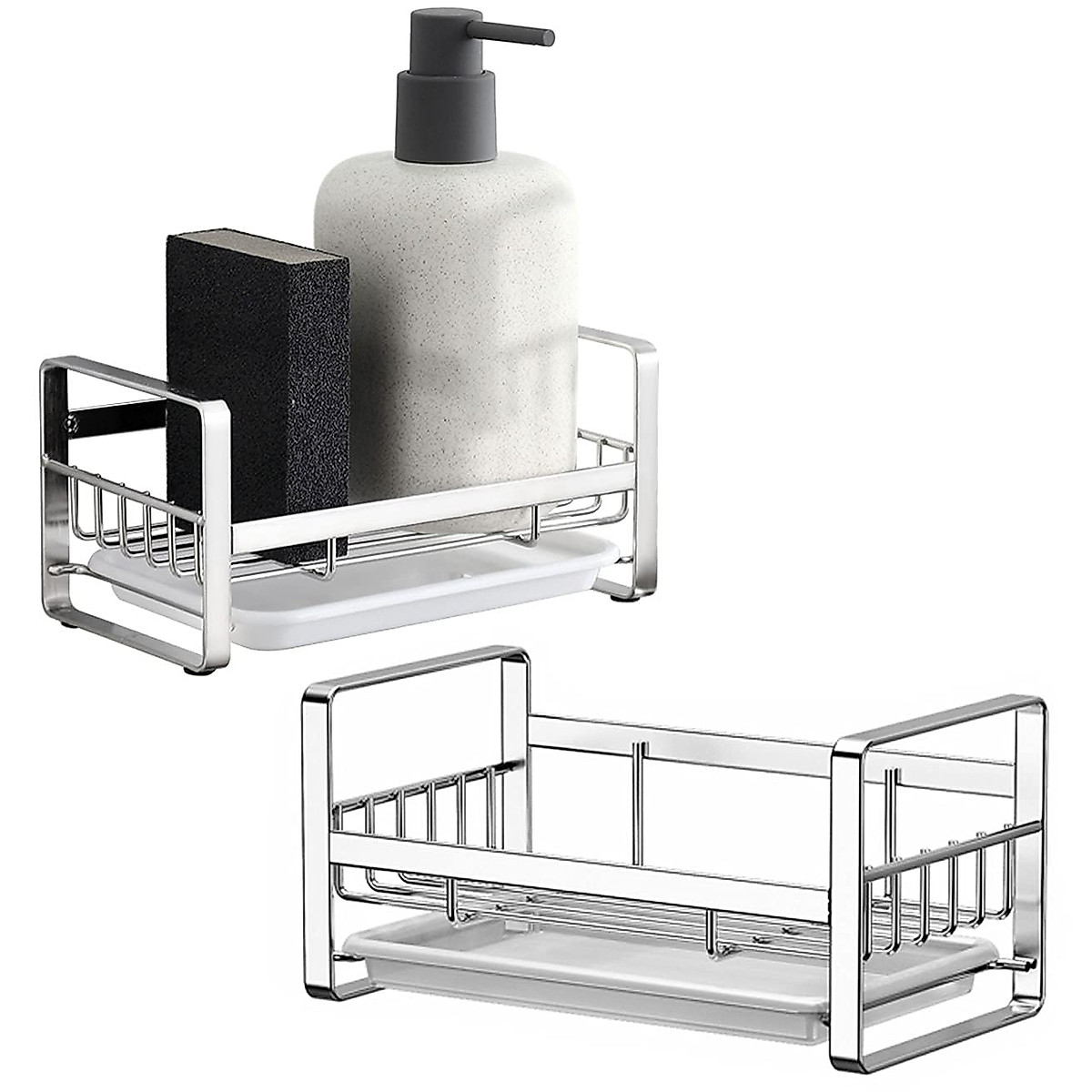 2 Pack Kitchen Sponge Holder - Kitchen Sink Organizer - Sink Caddy - Sink Tray - Soap Holder - Stainless Steel,Silver+White