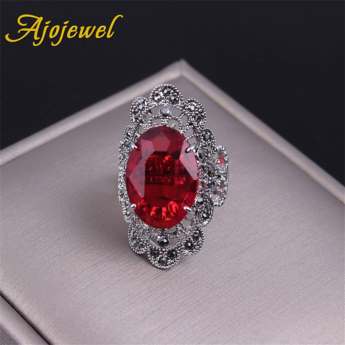 Ajojewel Big Oval Crystal Red Rings For Women Hollow Out Flower Design Finger Jewelry Vintage Anel (Red, 9)