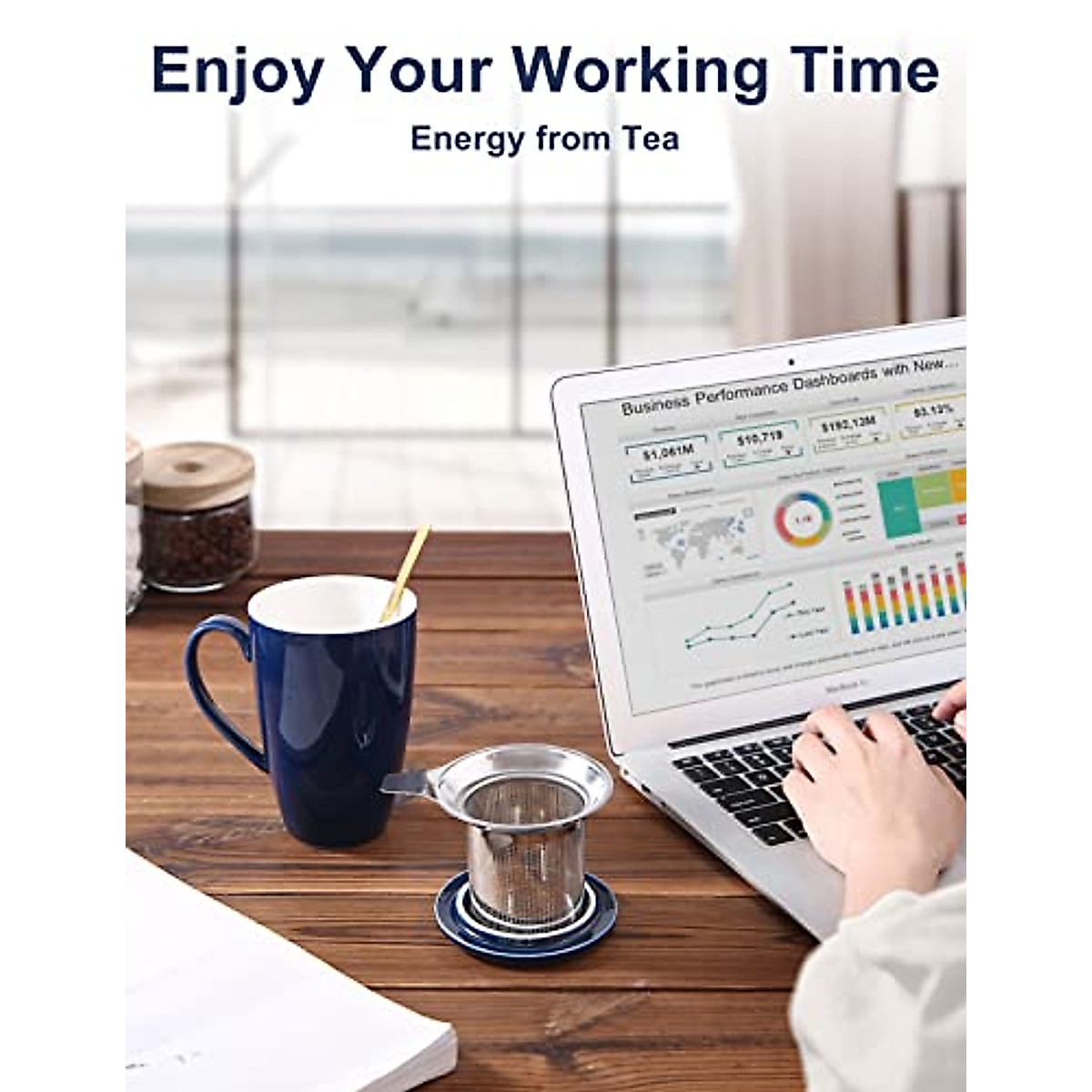 YumKubis Tea Cup with Infuser and Lid, 17 oz Large Tea Infuser Mug, Ceramic Tea Mug with 2 Lids, Tea Cups for Women, Men, Kids, Loose Tea, Gifts