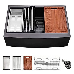 PEPO Workstation Apron-Front Kitchen Sink 36 Inch Gunmetal Black Farmhouse Undermount Sink, 16 Gauge 10 inch Deep Single Bowl Farm Sink with Accessories Kit